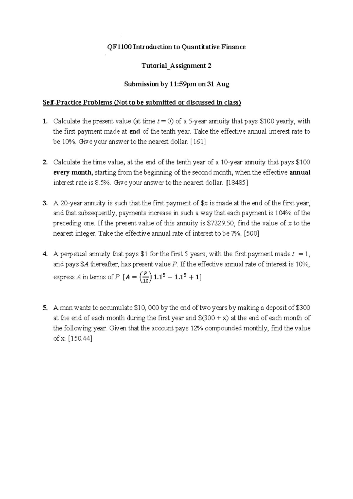 QF1100 Introduction to Quantitative Finance Tutorial 2 Problems - Studocu