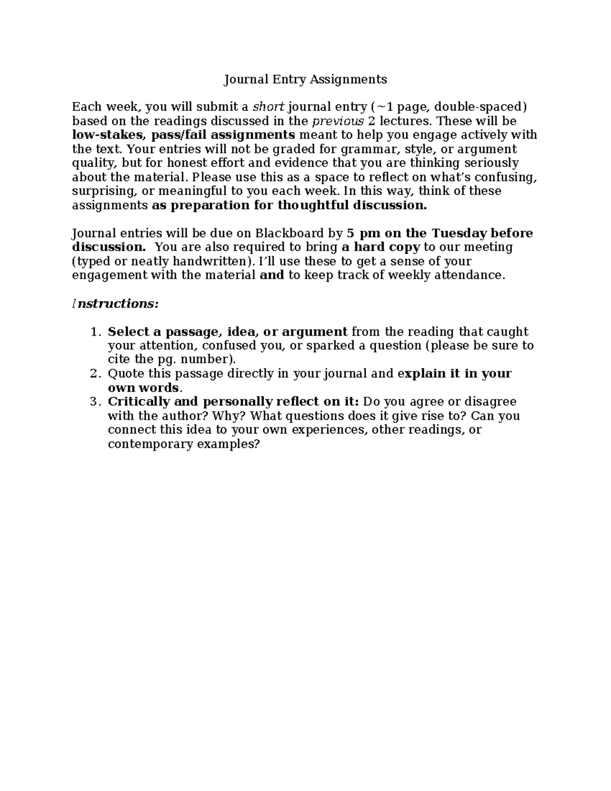 ENG 101: Weekly Journal Entry Assignments Guidelines - Studocu