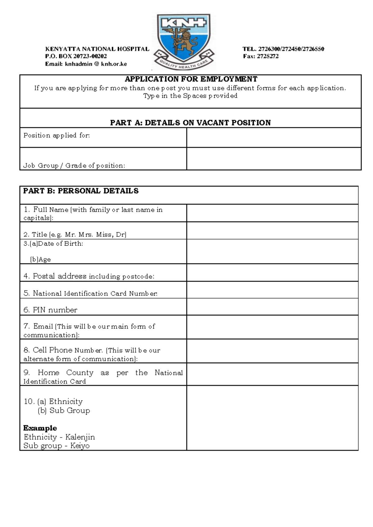 KNH Employment Application Form - Rev. - Studocu