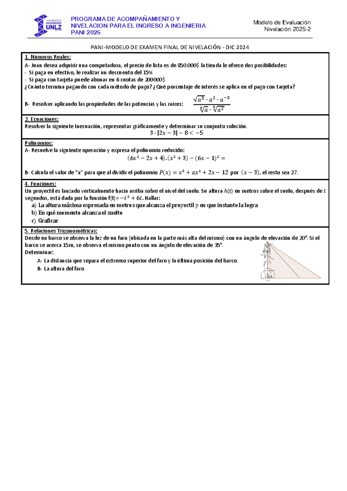 Evaluación Final de Nivelación PANI 2025 - Modelo 1 - Studocu