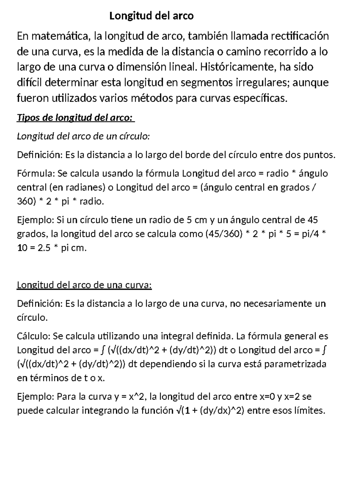 Longitud del Arco en Matemáticas - Notas para Evaluaciones - Studocu