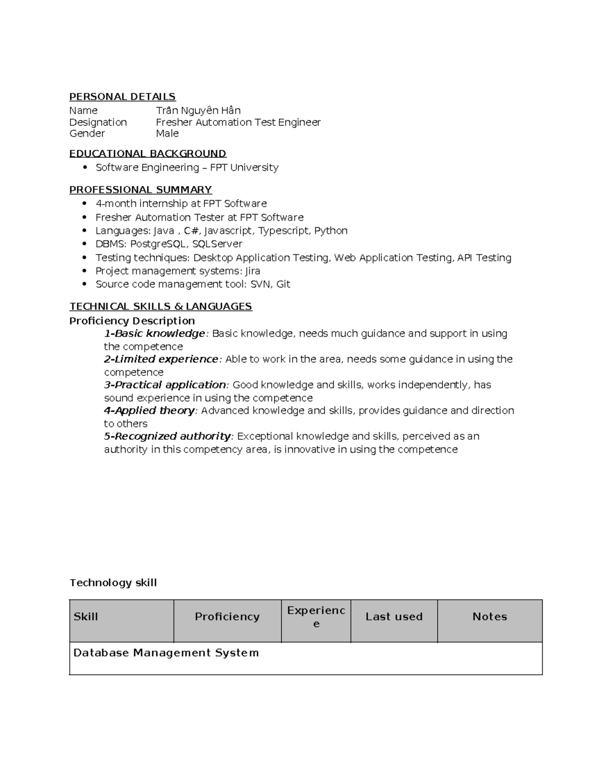 FPT Automation Test Engineer Profile - Tran Nguyen Han - Studocu