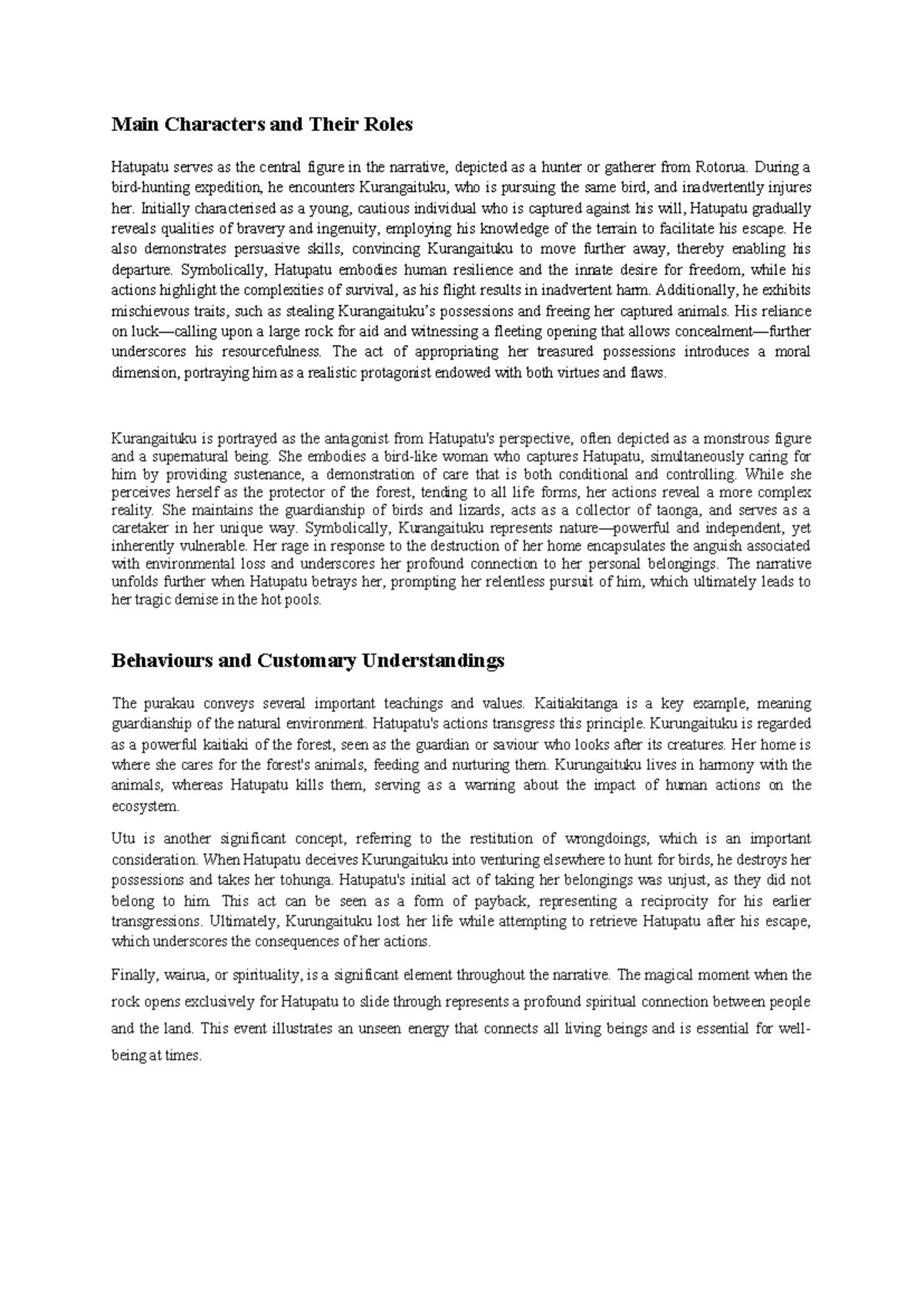 Character Analysis of Hatupatu and Kurangaituku in the Narrative - Studocu