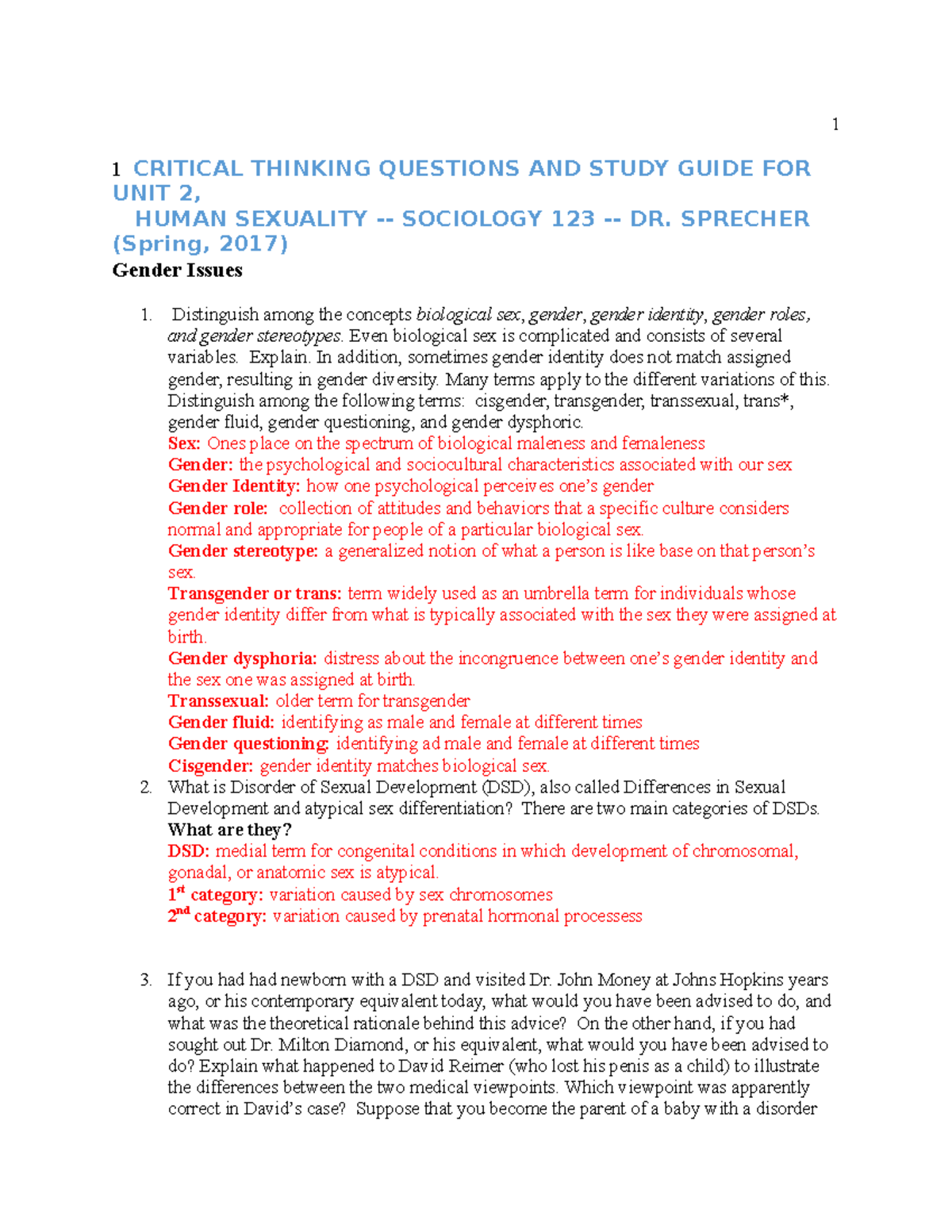 Review Guide 2 - 1 CRITICAL THINKING QUESTIONS AND STUDY GUIDE FOR UNIT ...