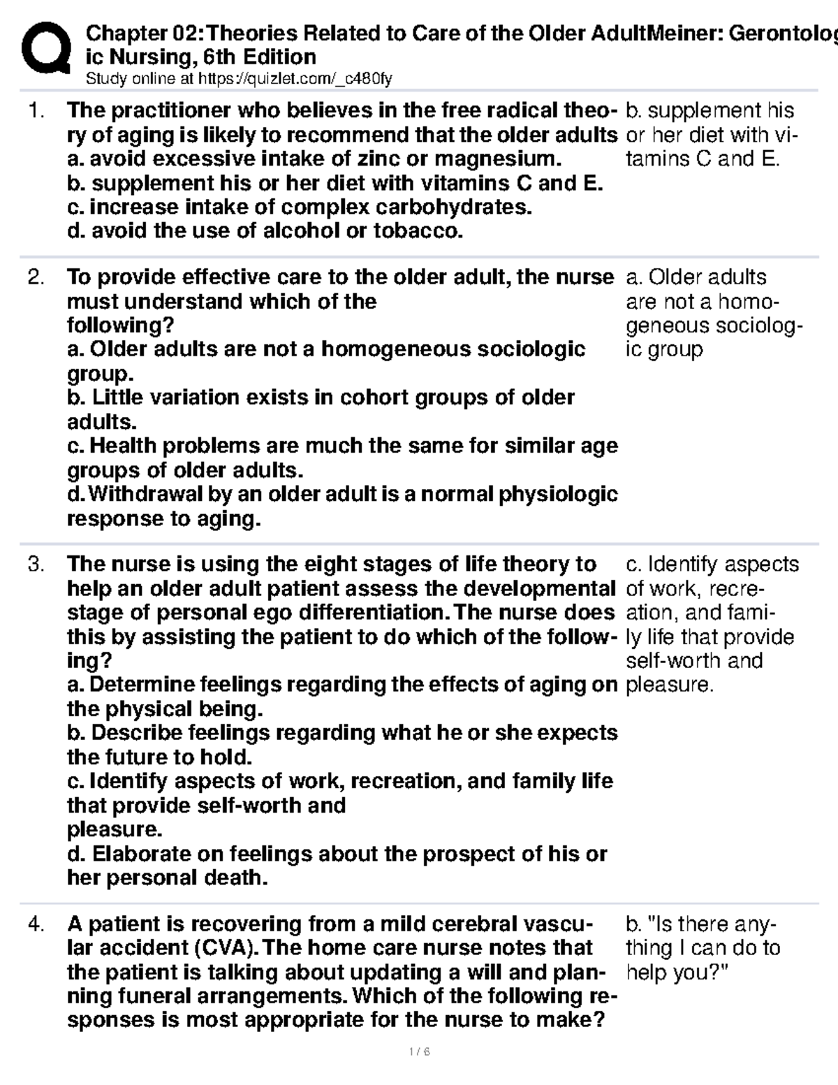 Chapter 2 Geriatric Nursing Quizlet Notes - Overview and Insights - Studocu
