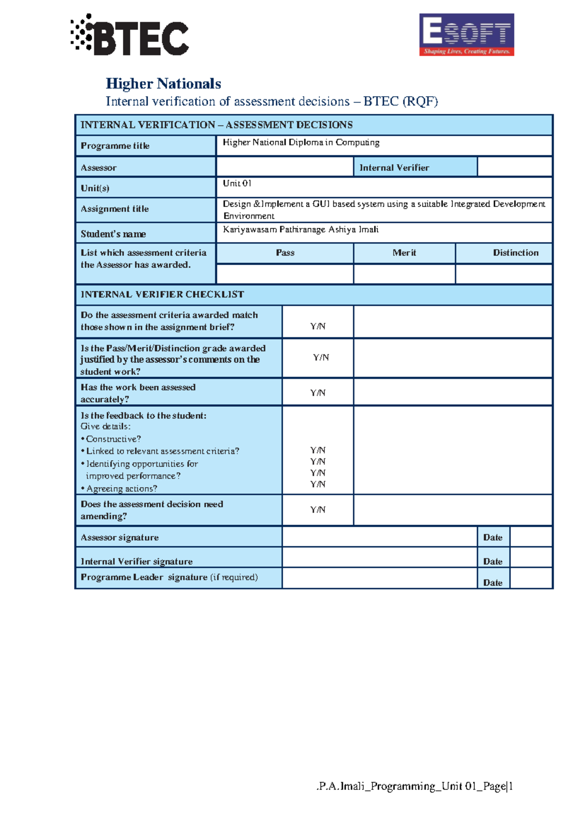 Unit 01 Programmming Assignment 2022 - Higher Nationals Internal verification of assessment ...