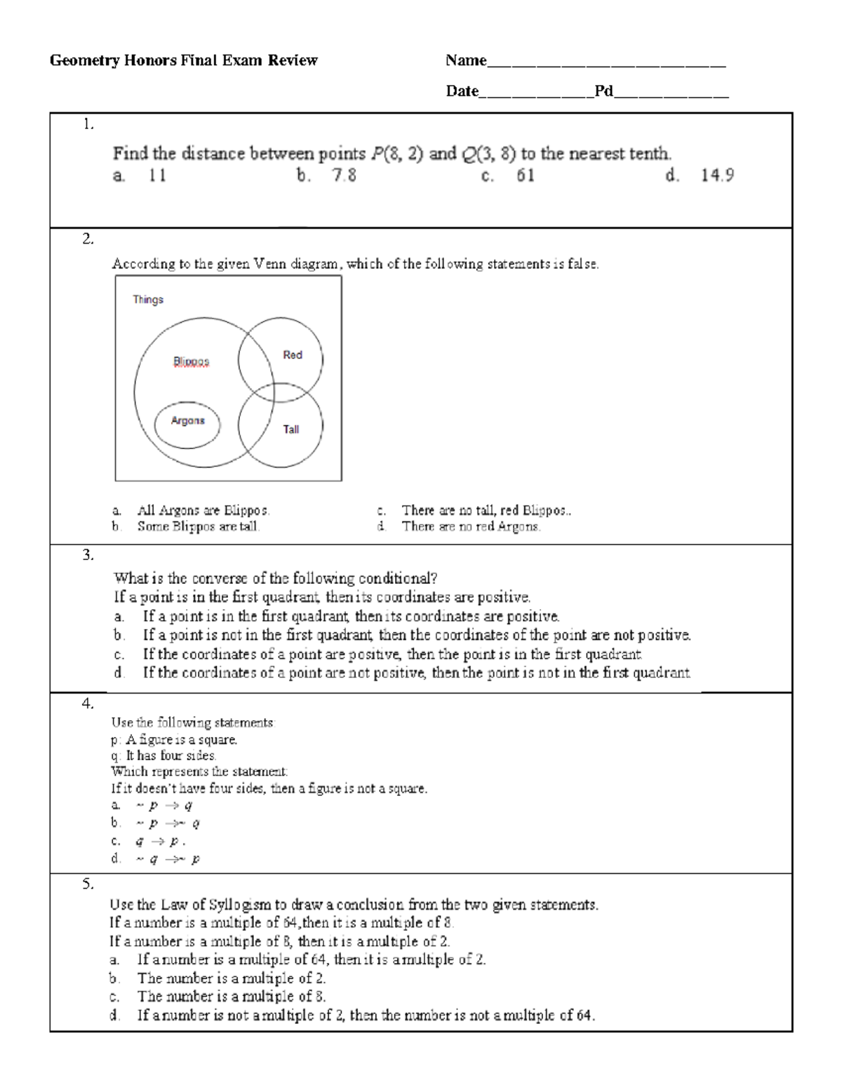 Geometry Honors Final Exam Review - Key Concepts and Problems - Studocu