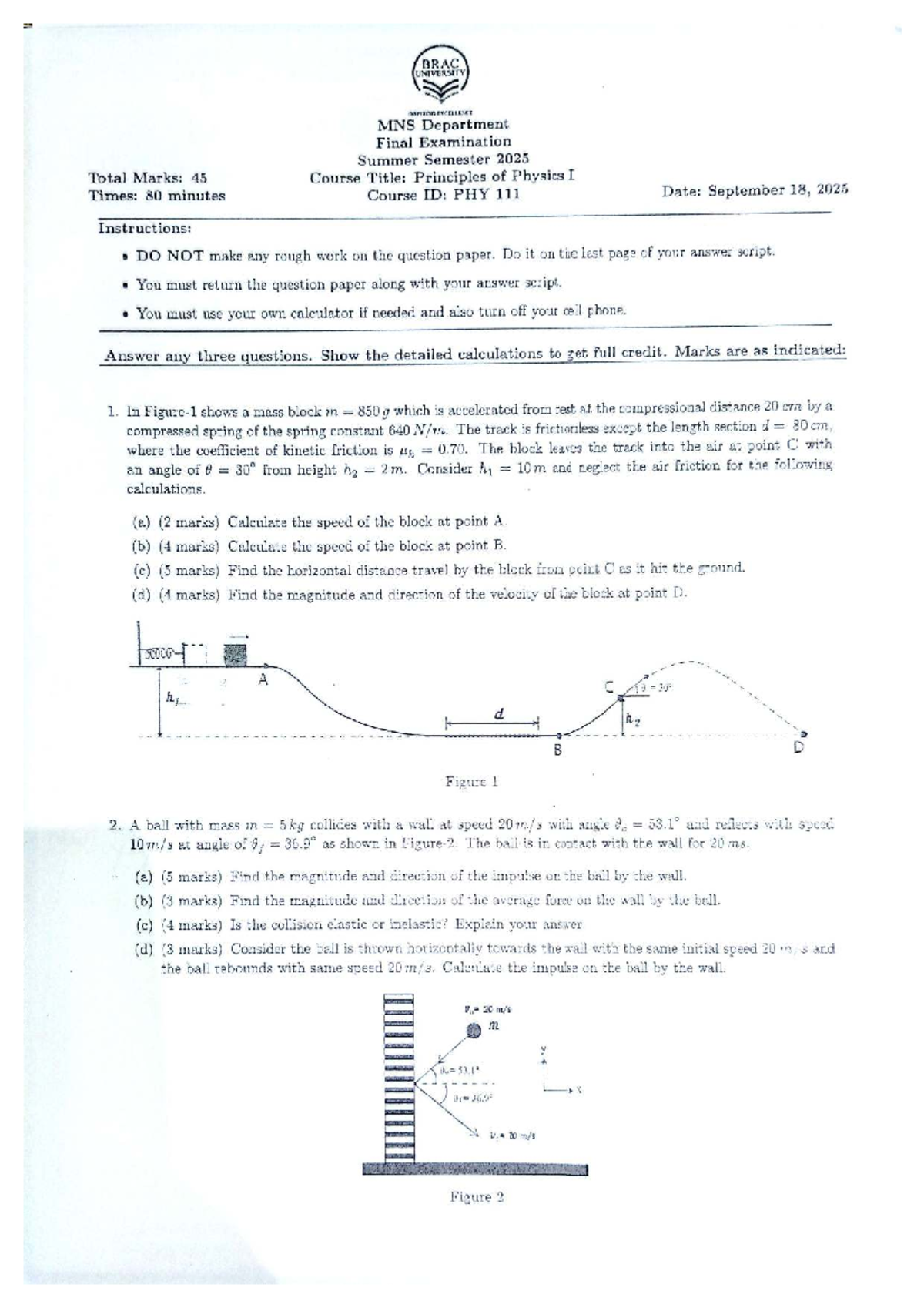Final Exam PHY111: Principles of Physics I - Summer 2025 Questions ...