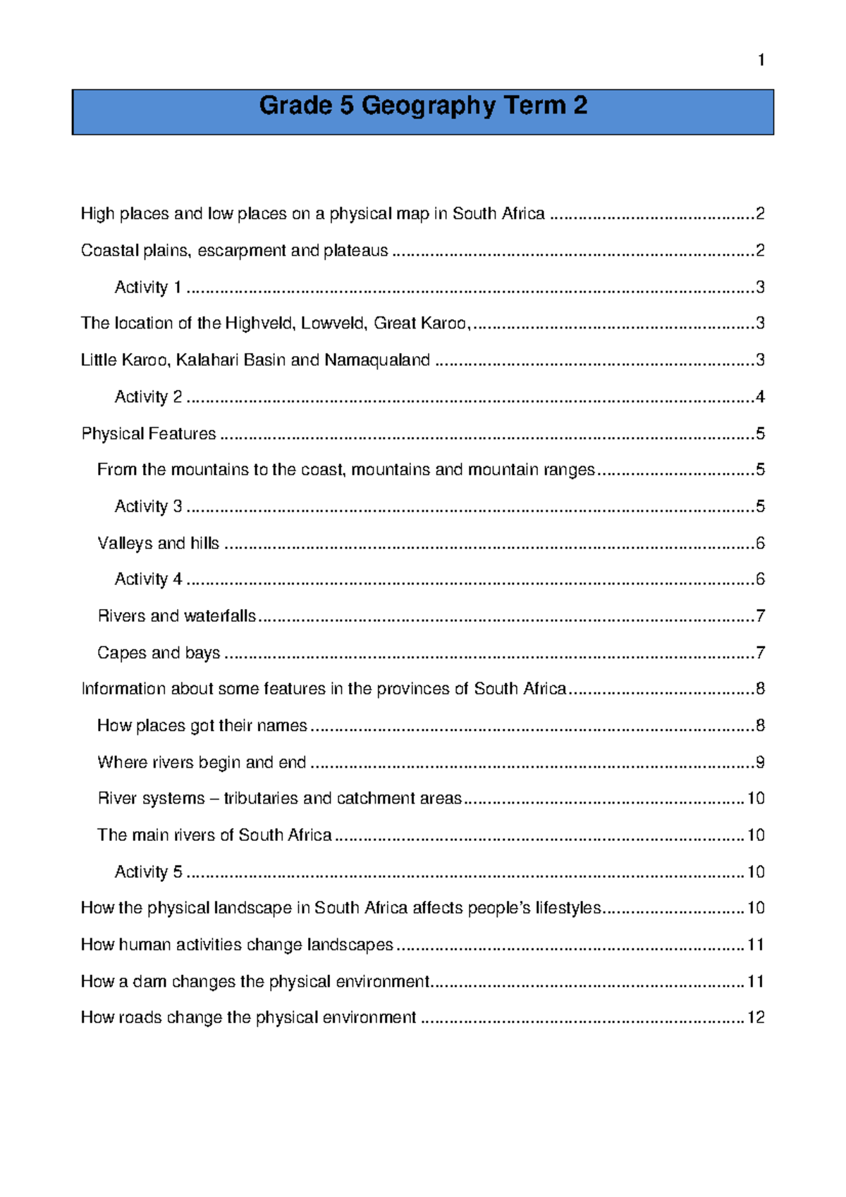 Grade 5 Geography T2 notes on physical features of South Africa - Studocu