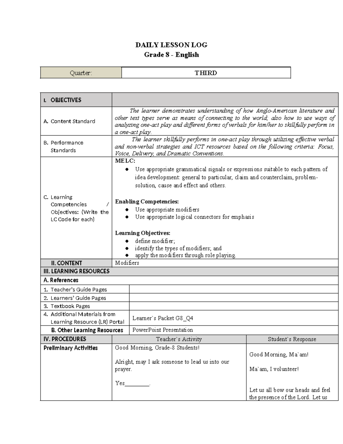 DAILY LESSON LOG: Modifiers for Grade 8 English - Quarter 3 - Studocu