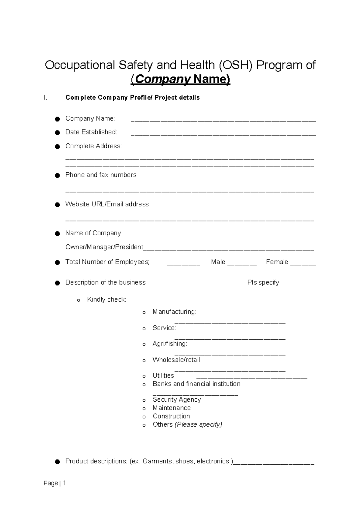 OSH Program Template for Company Health and Safety Compliance - Studocu