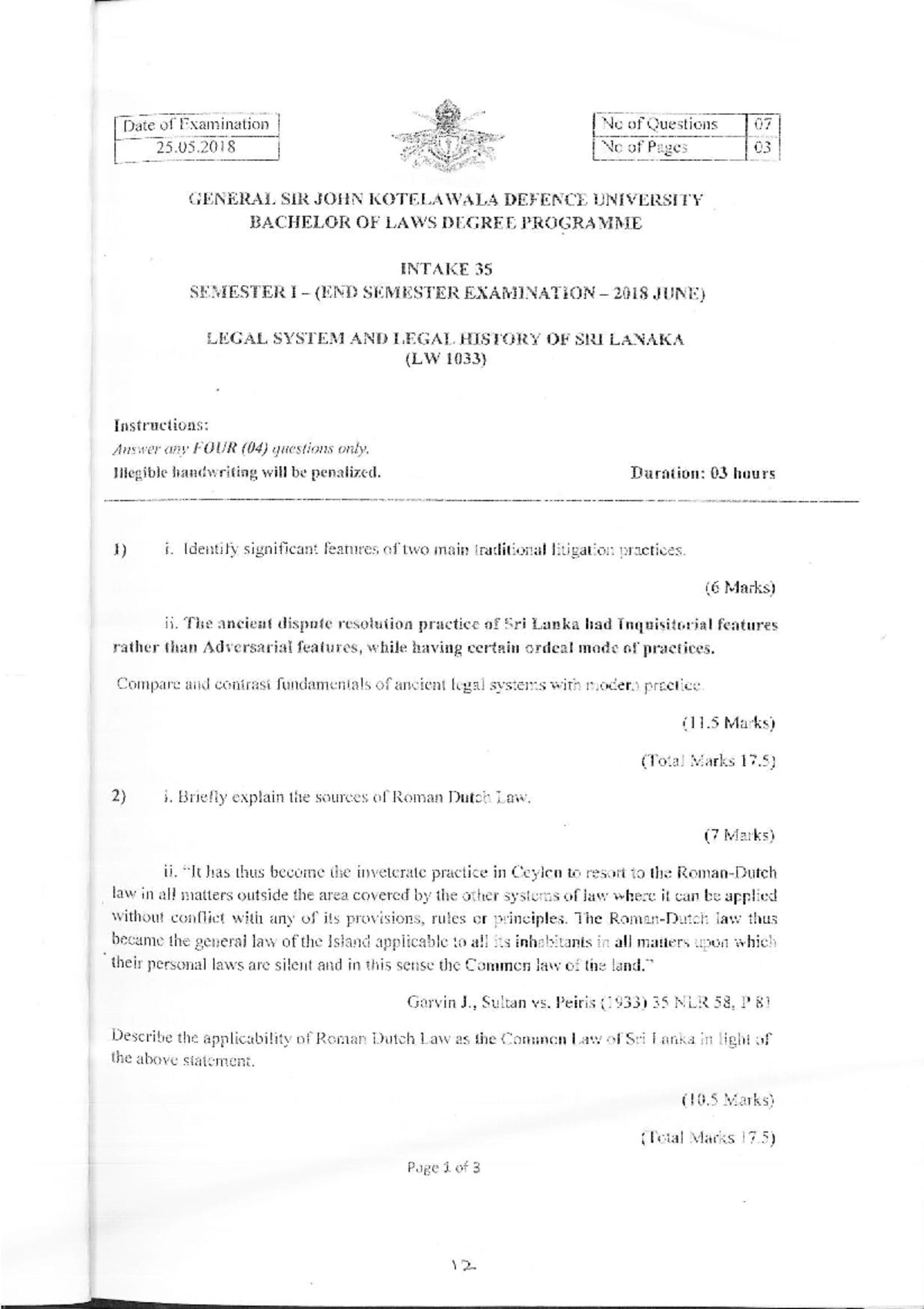 LW 1033 - End Semester Exam 2018: Legal System & History of Sri Lanka ...