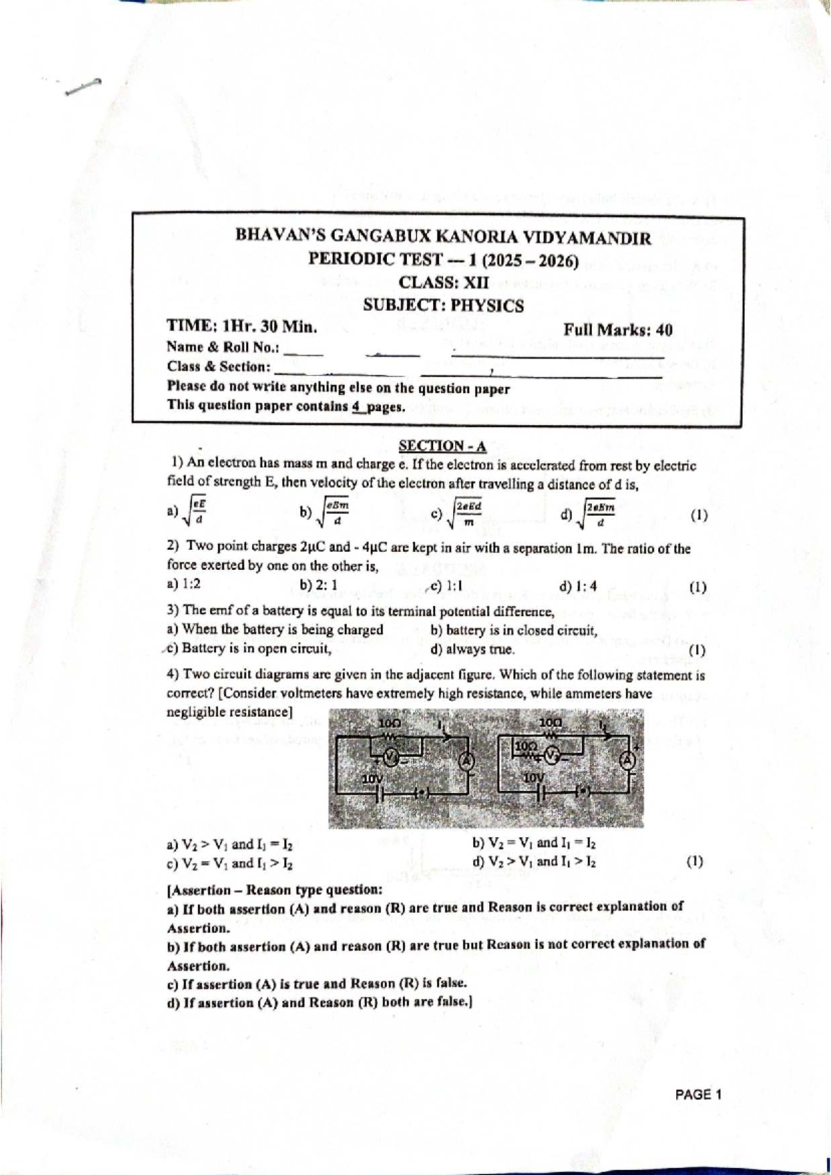 GANGABUX KANORIA VIDYAMANDIR PHYSICS PERIODIC TEST 1 (2025-2026) - Studocu
