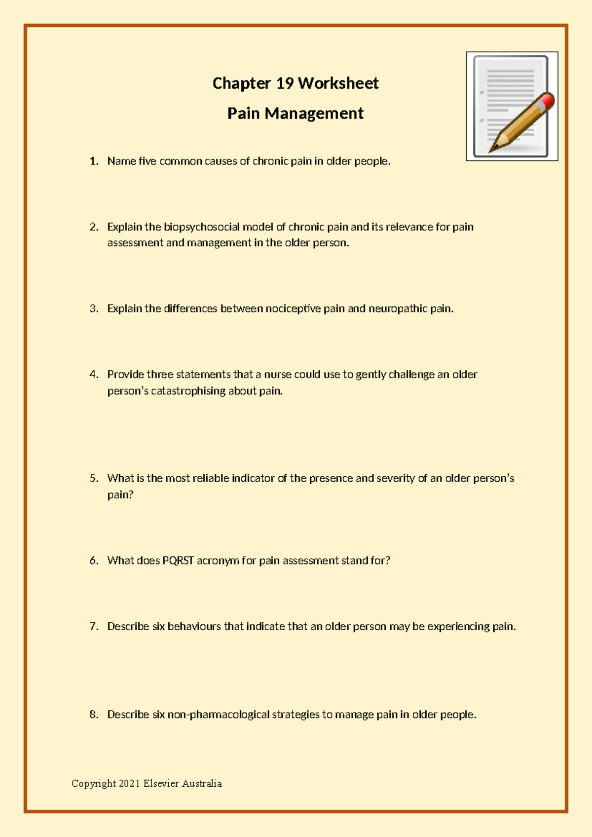 Chapter 19 Worksheet: Pain Management in Older Adults - Studocu