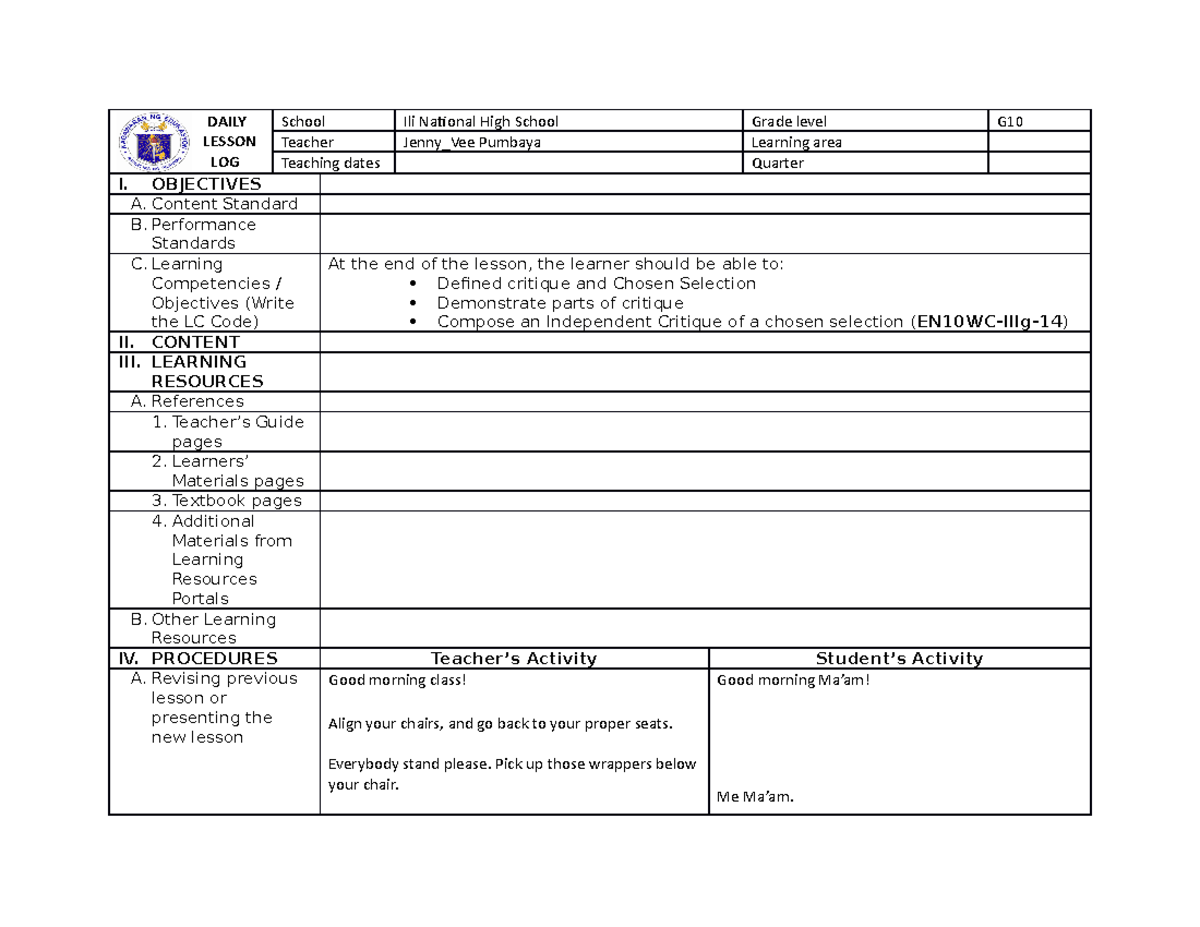 Independent Critique Lesson Plan DLL 104050 - Studocu