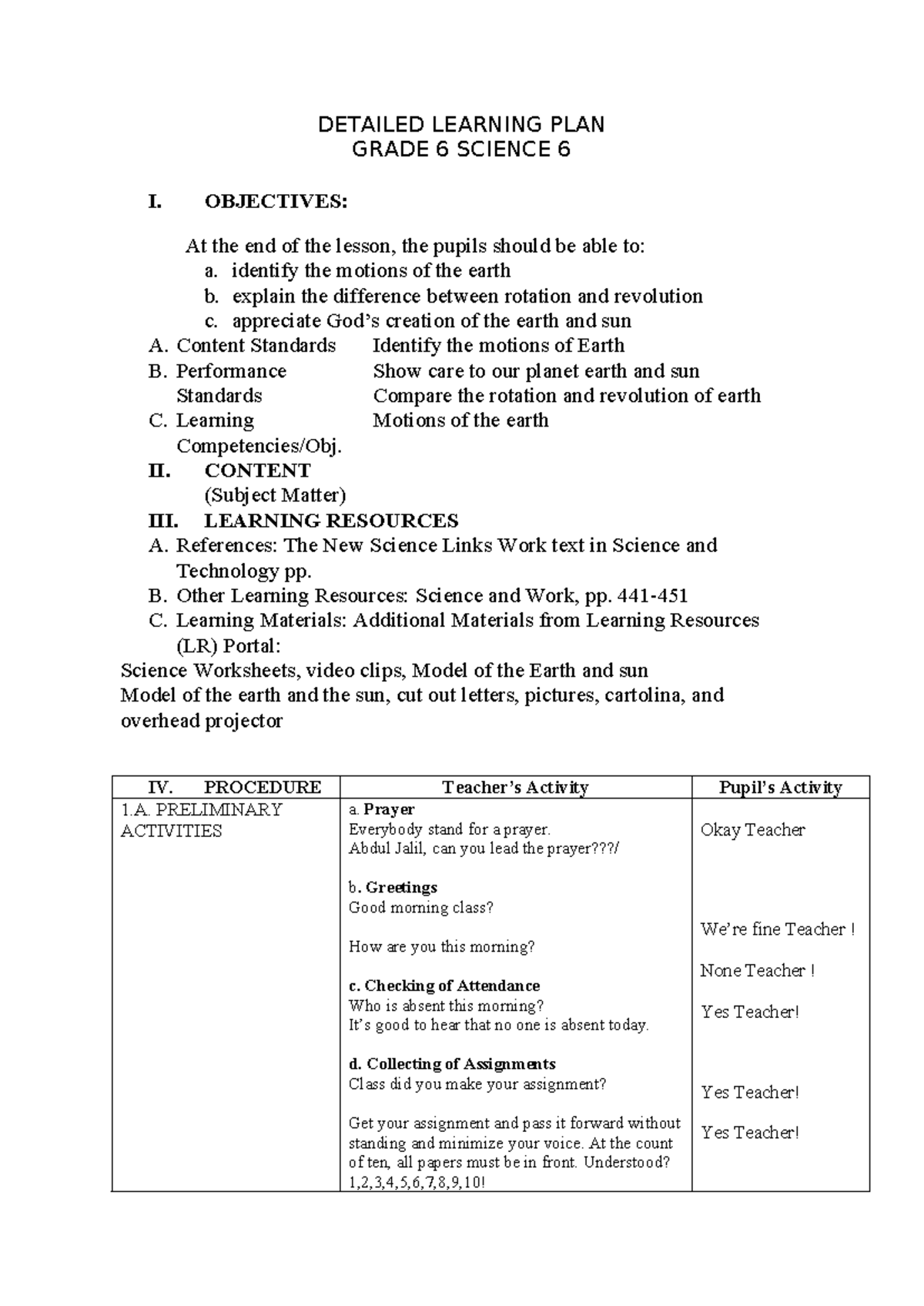 Detailed Learning Plan: Grade 6 Science - Motions of the Earth - Studocu