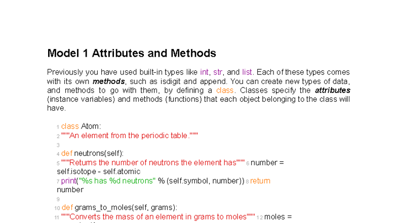 Model 1: Attributes and Methods in Python Classes (I - N.a) - Studocu