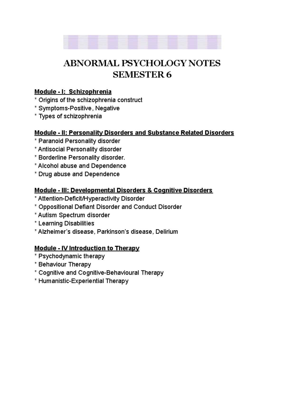 SEM6 Abnormal Psychology Lecture Notes Summary - Studocu