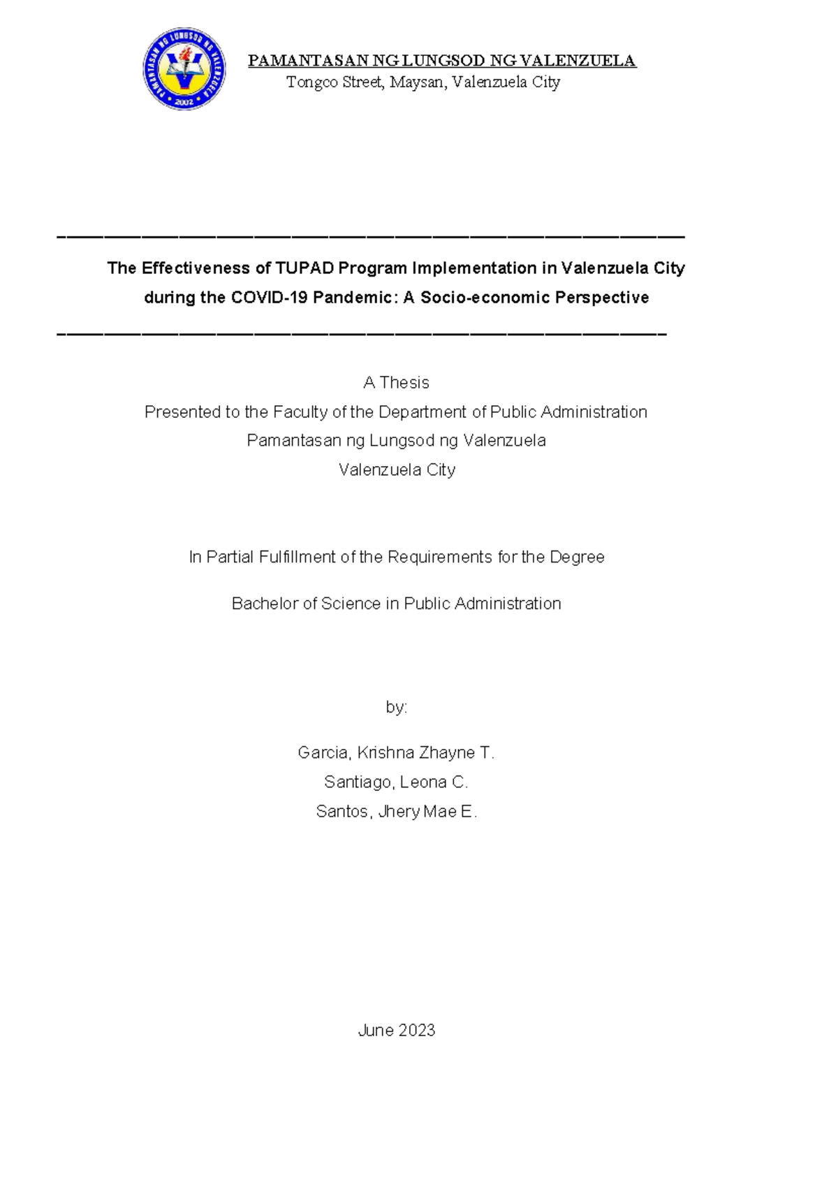 TUPAD Program Effectiveness: A Socio-economic Study in Valenzuela City ...