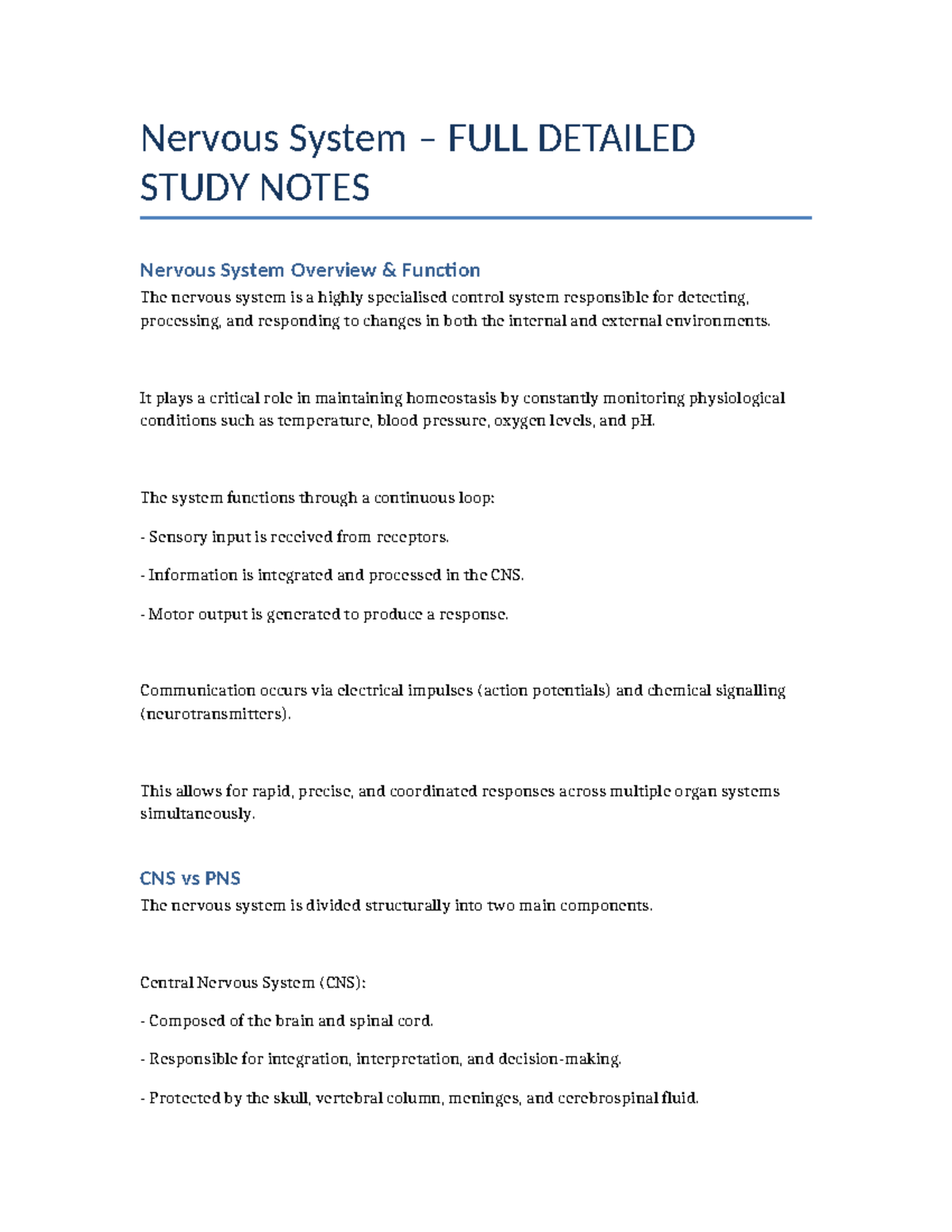 Nervous System Study Notes: Overview, Functions & Structures - Studocu