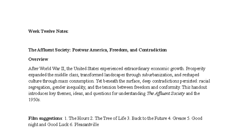 Week Twelve Notes: The Affluent Society and 1950s America Overview ...