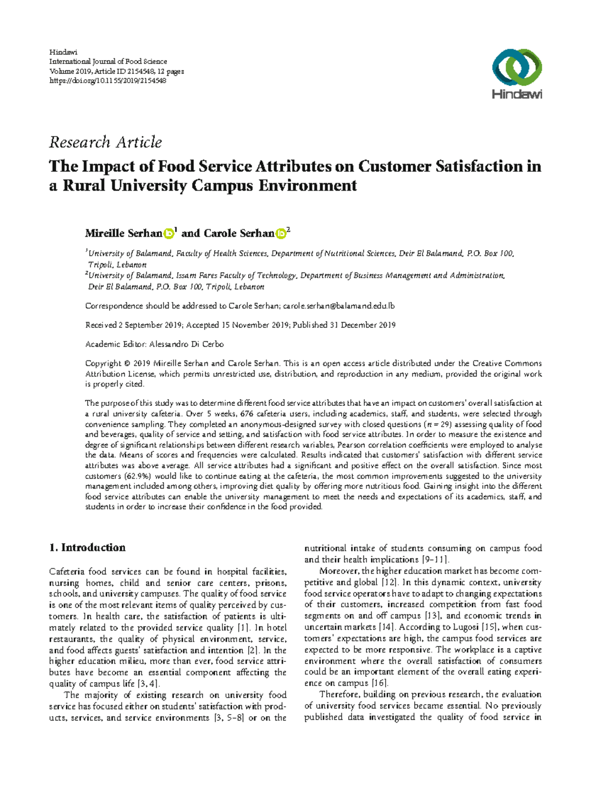 Impact of Food Service Attributes on Customer Satisfaction at ...