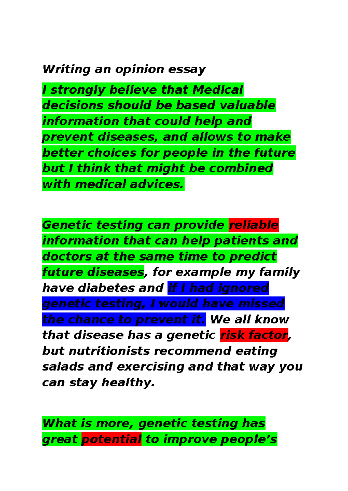 Writing an Opinion Essay: The Role of Genetic Testing in Health - Studocu