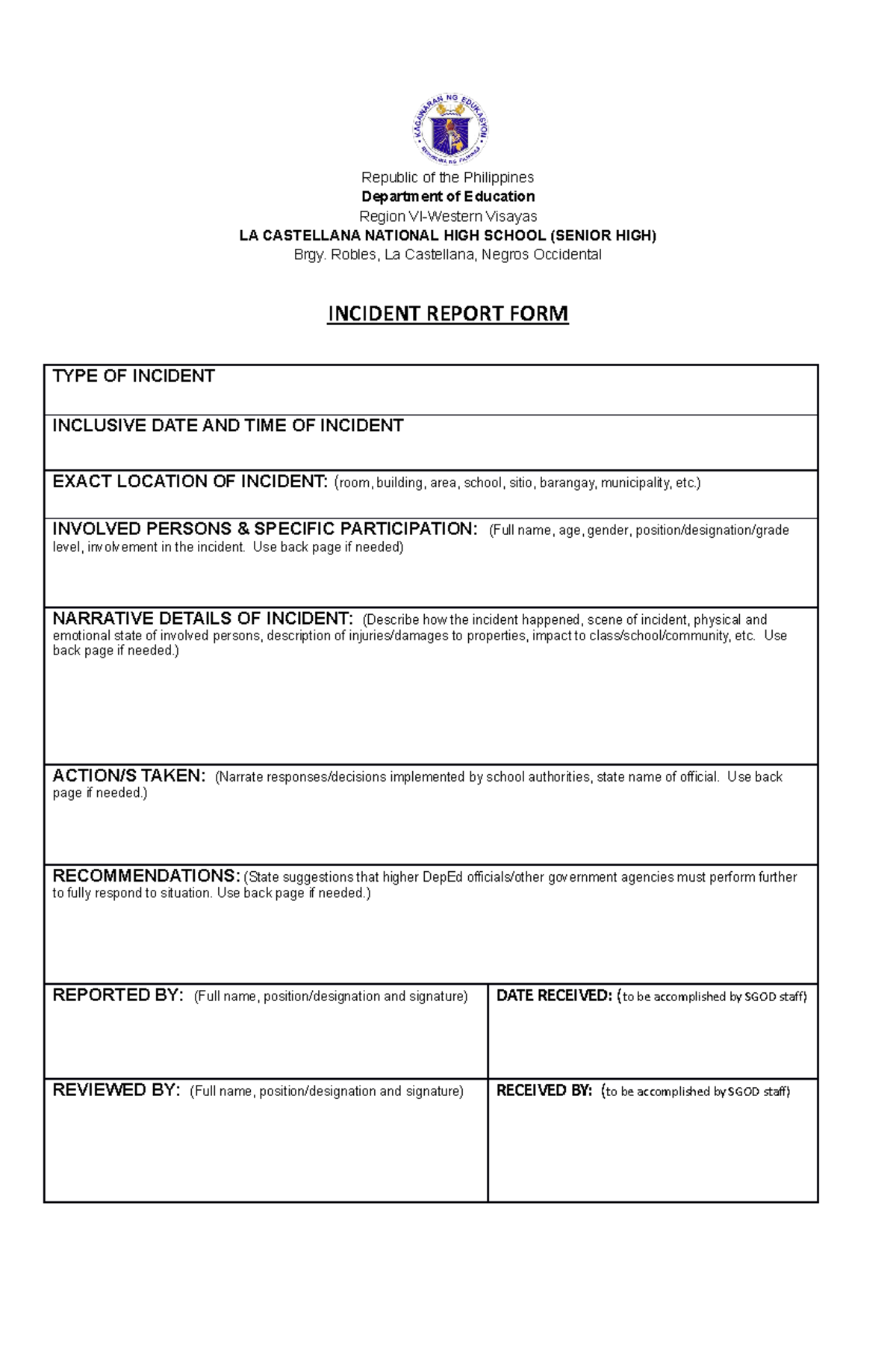 Incident Report Form for La Castellana National HS - Region VI - Studocu