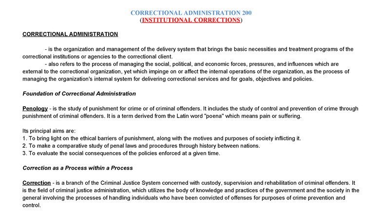 CORRECTIONAL ADMINISTRATION 200: Overview of Institutional Corrections ...