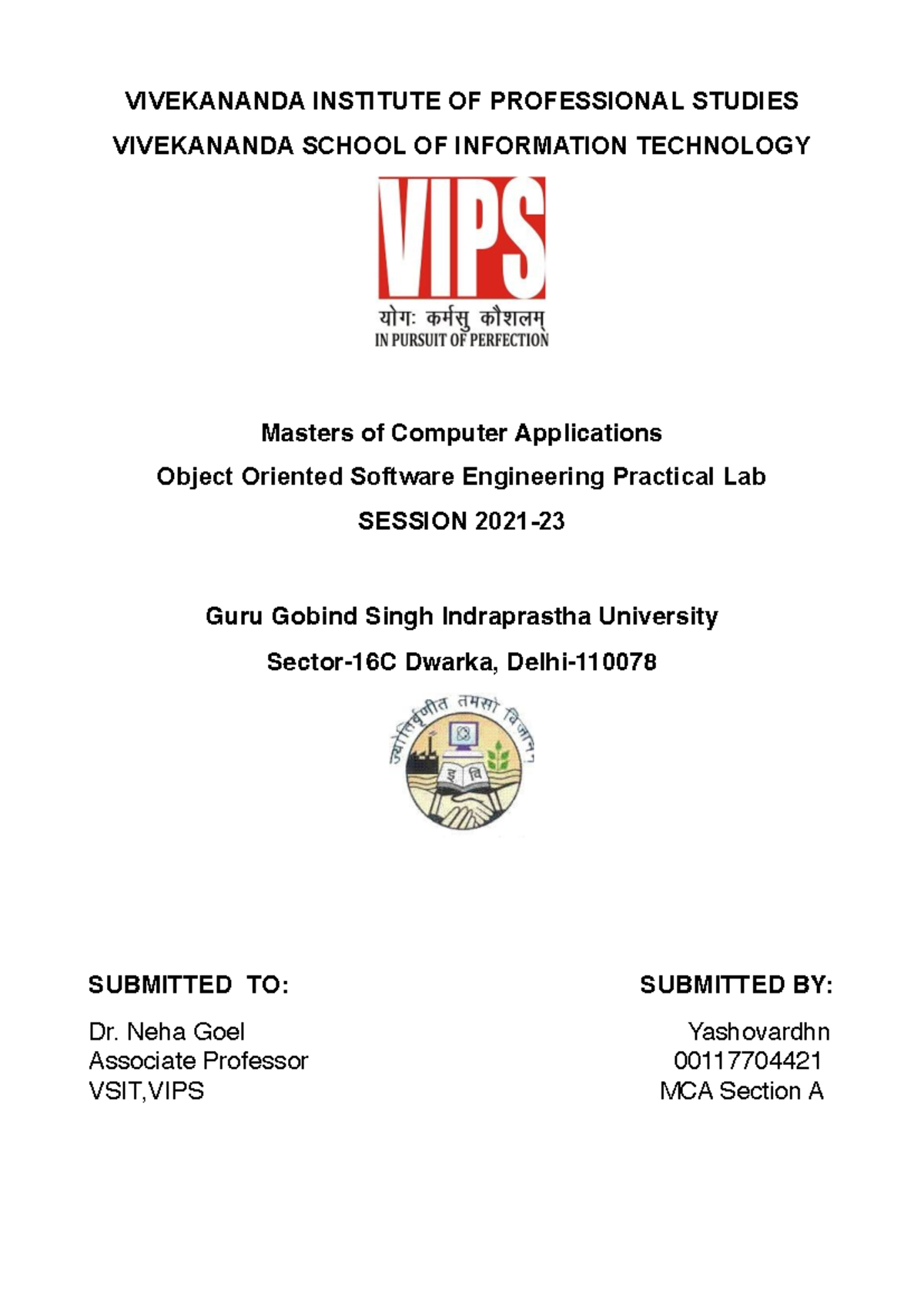 OOSE Practical File - VIVEKANANDA INSTITUTE OF PROFESSIONAL STUDIES ...