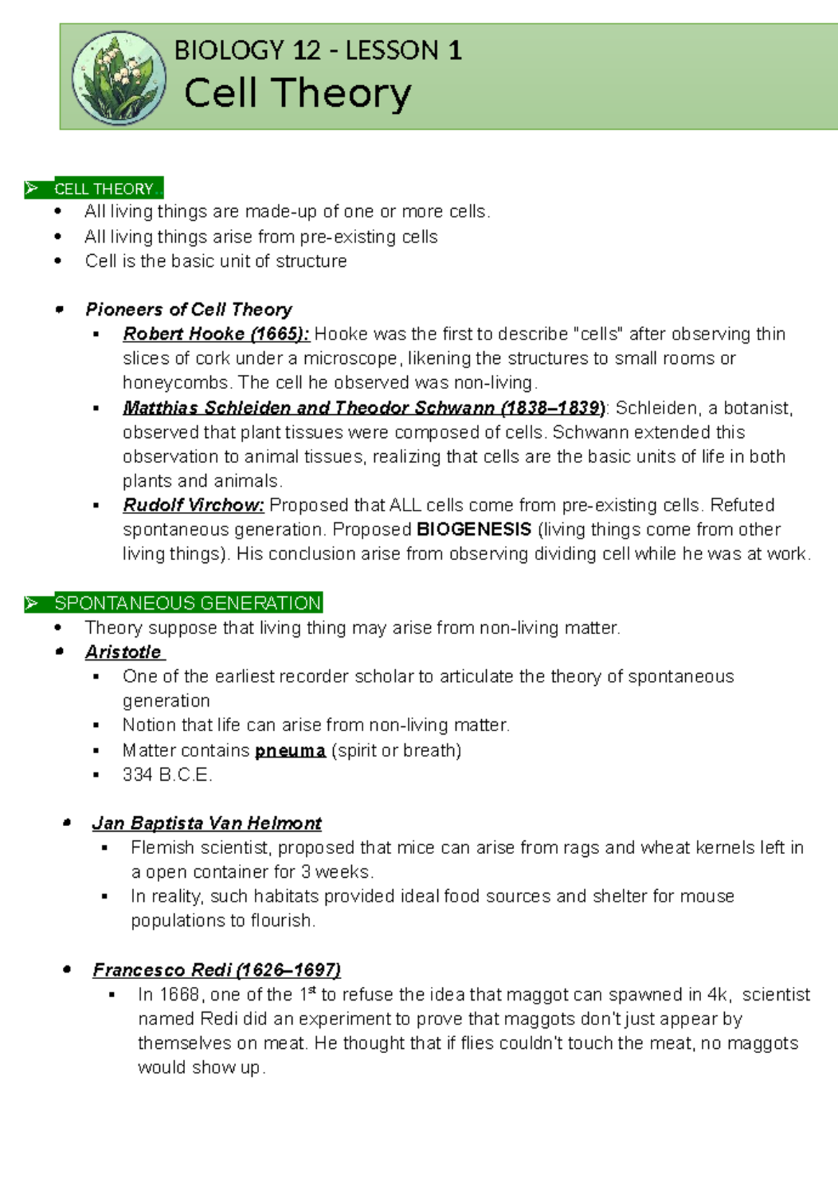 BIOLOGY 12 LESSON 1: Overview of Cell Theory and Organelles - Studocu
