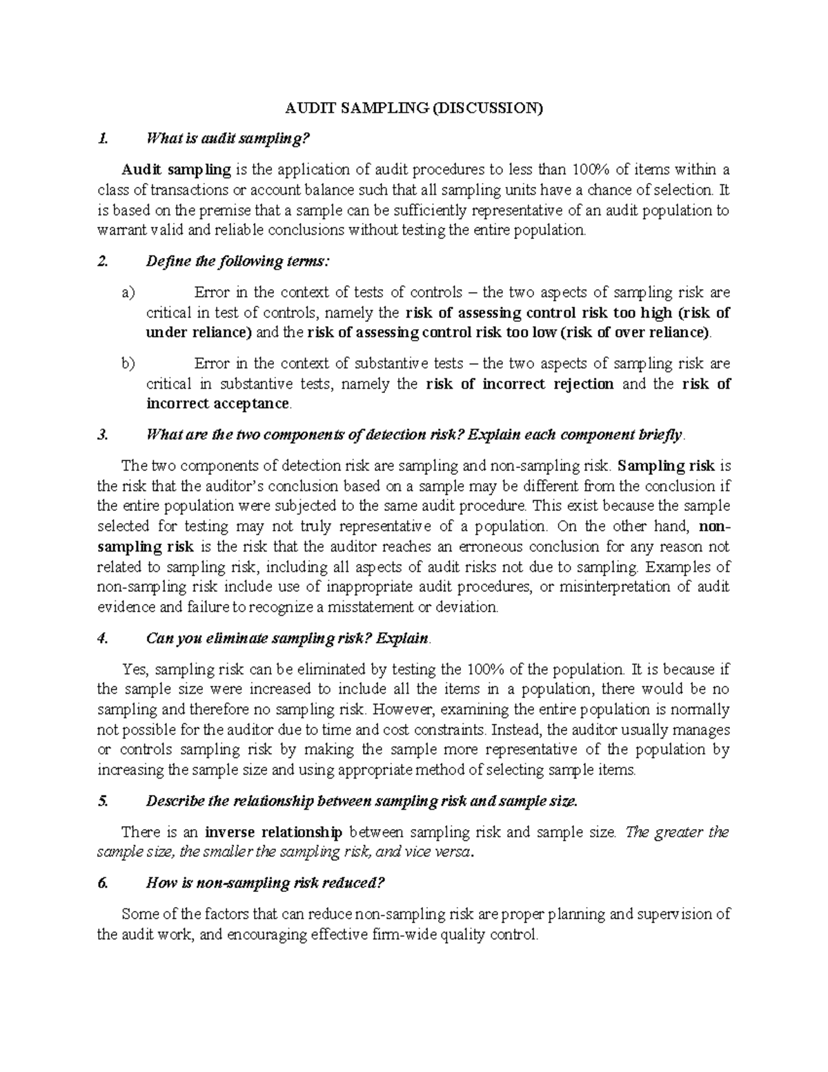 Audit Sampling - EOC Qs & Key Concepts for ACC 101 - Studocu