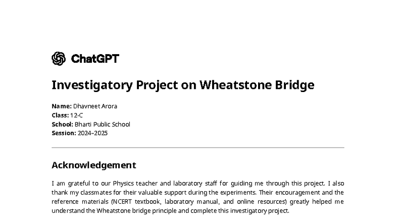 Investigatory Project on Wheatstone Bridge - Class XII Physics - Studocu