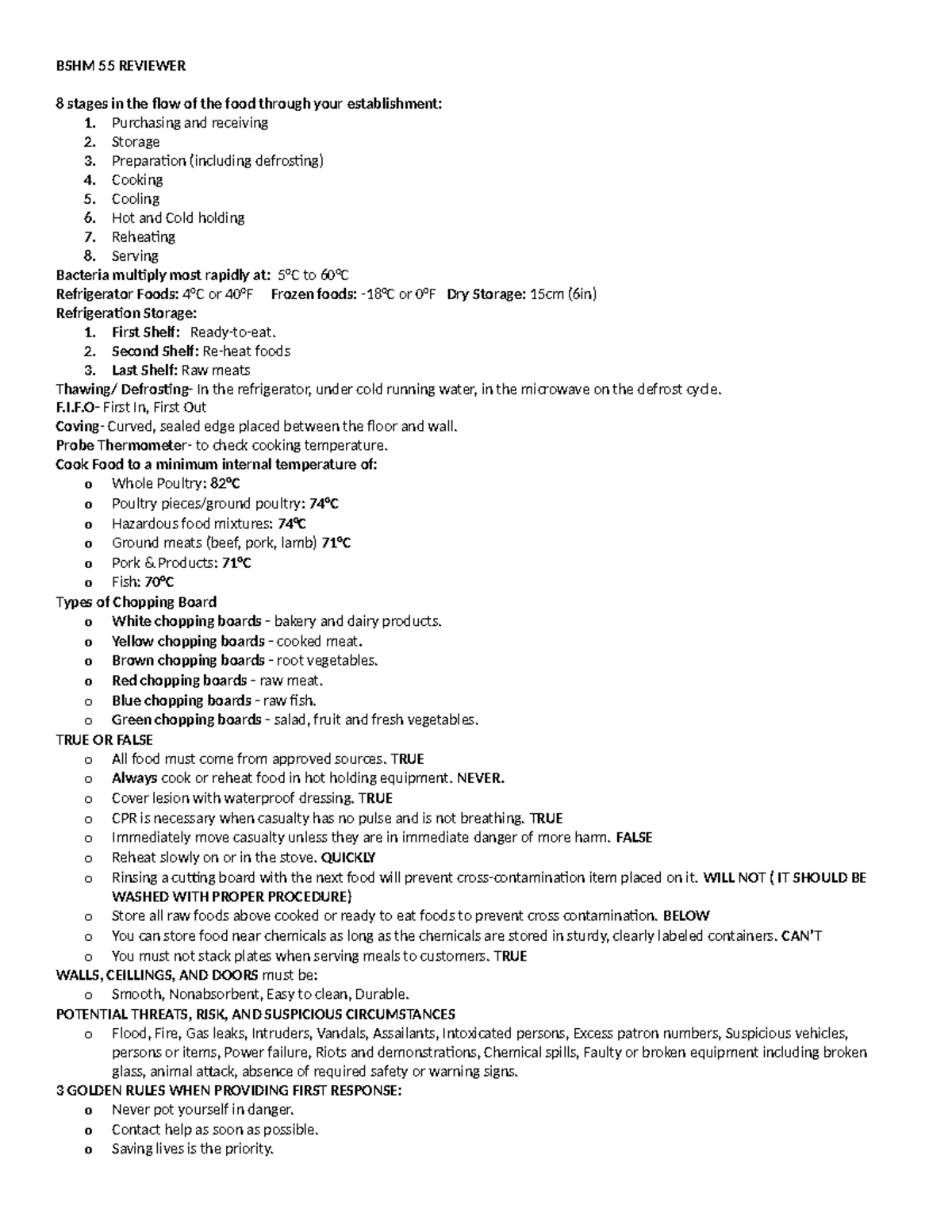BSHM 55 Reviewer: Key Points on Food Safety & First Response - Studocu