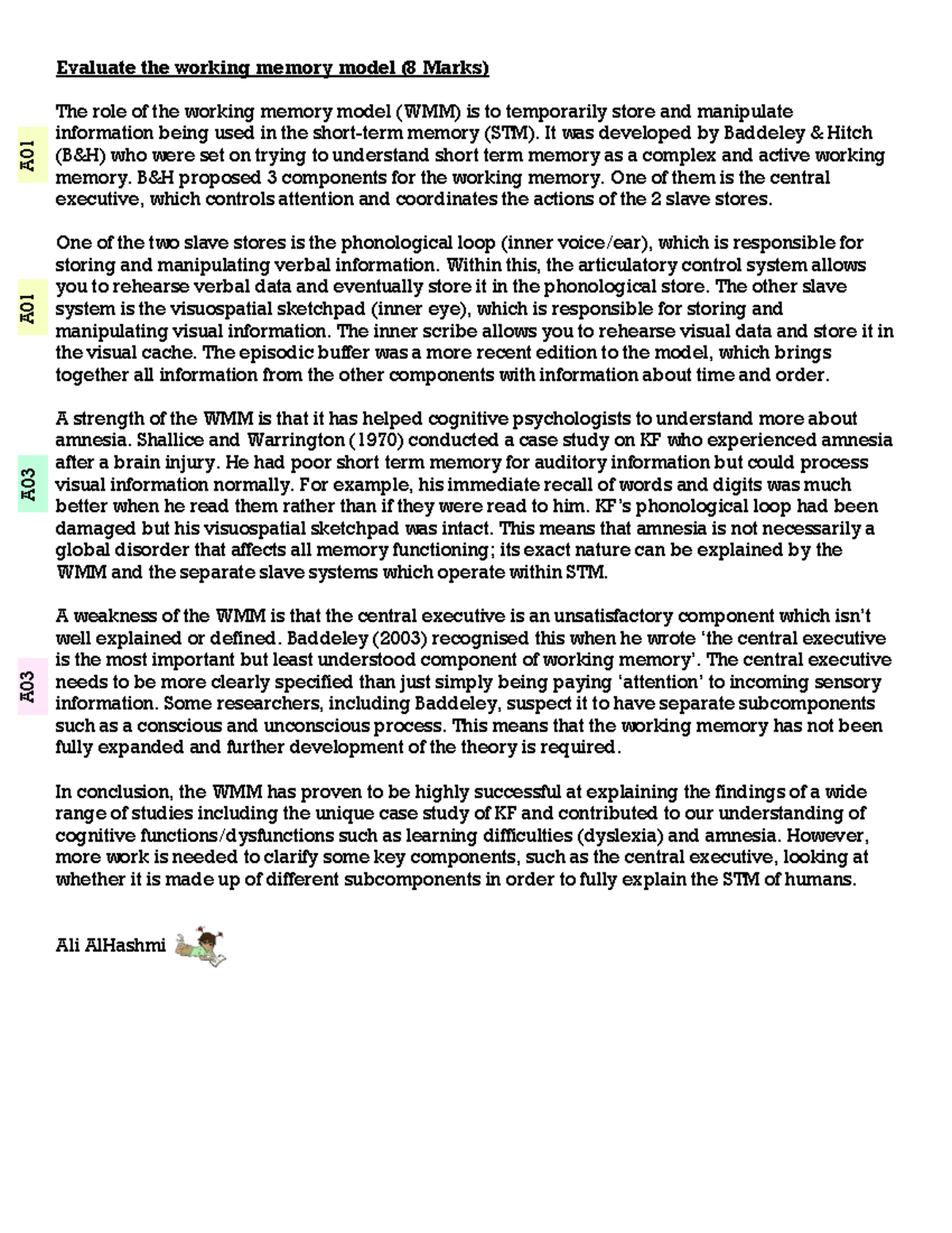 A01 Working Memory Model: Evaluation and Key Components Analysis - Studocu