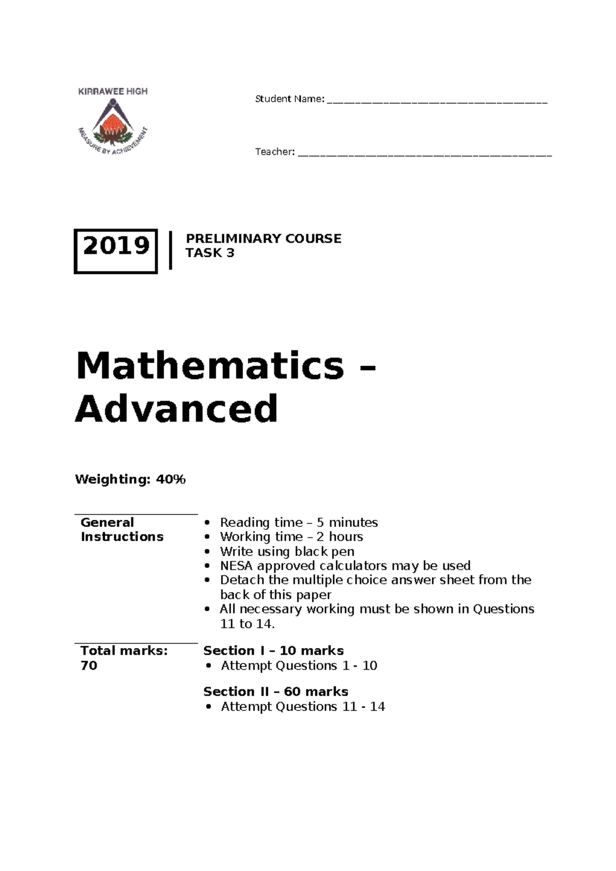 Year 11 Advanced Mathematics Prelim Task 3 Assessment - Studocu