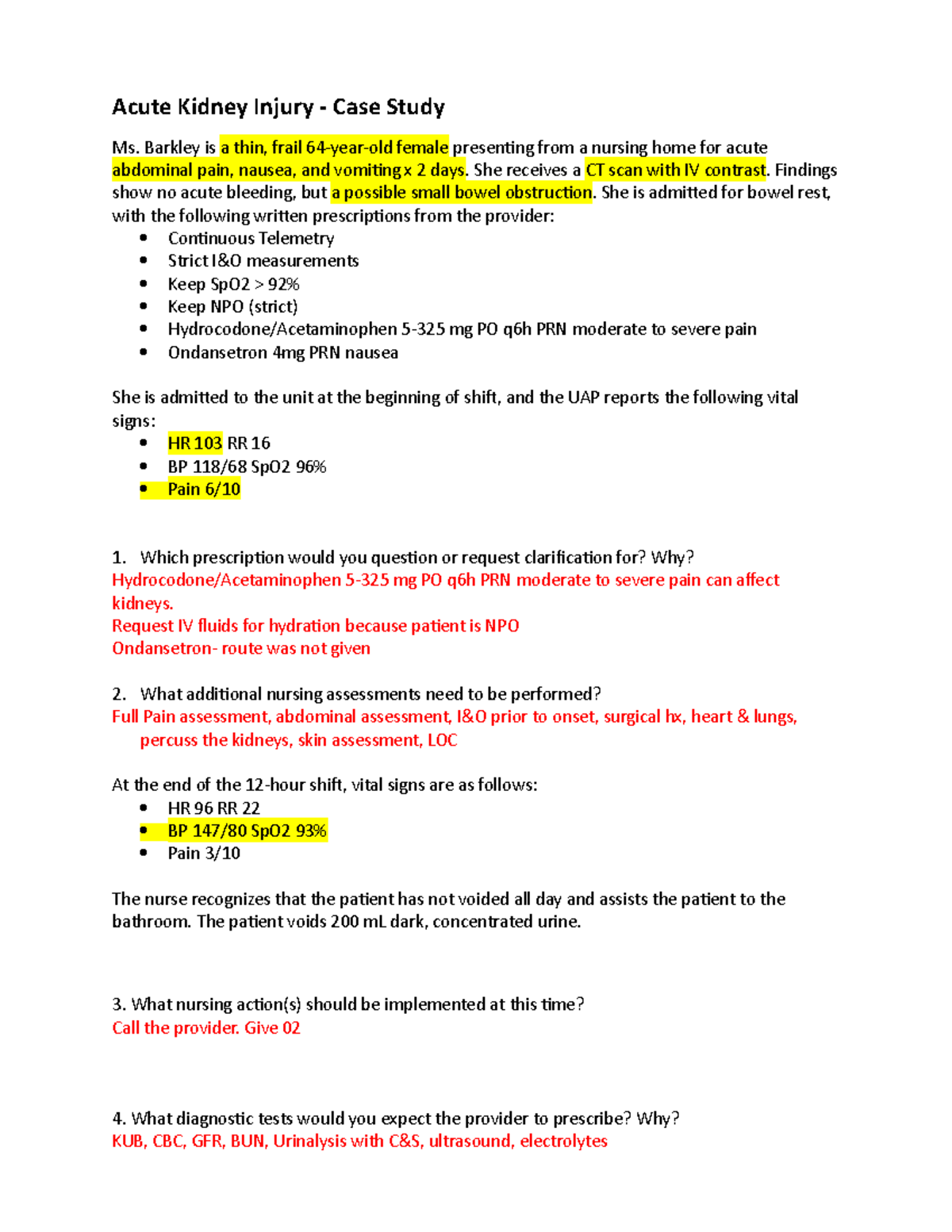 Acute Kidney Injury Case Study: Ms. Barkley’s Clinical Management - Studocu