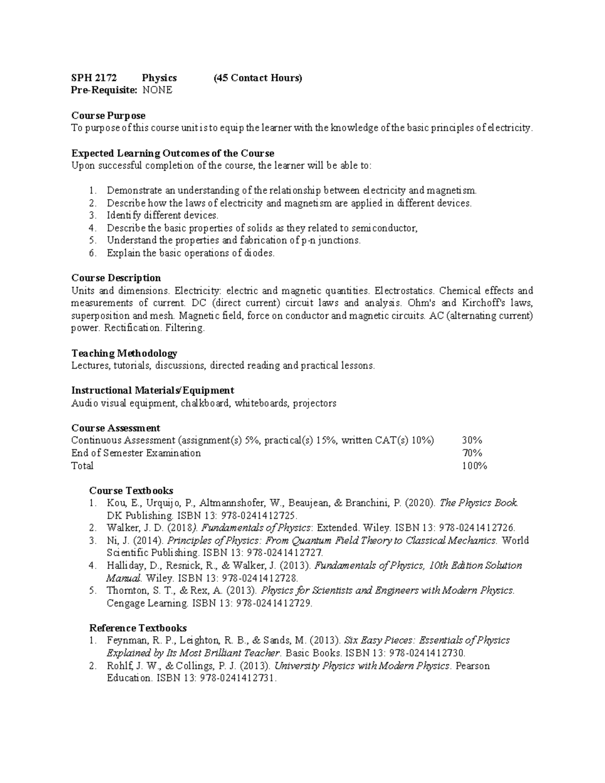 SPH 2172 Course Outline: Principles of Electricity and Magnetism - Studocu