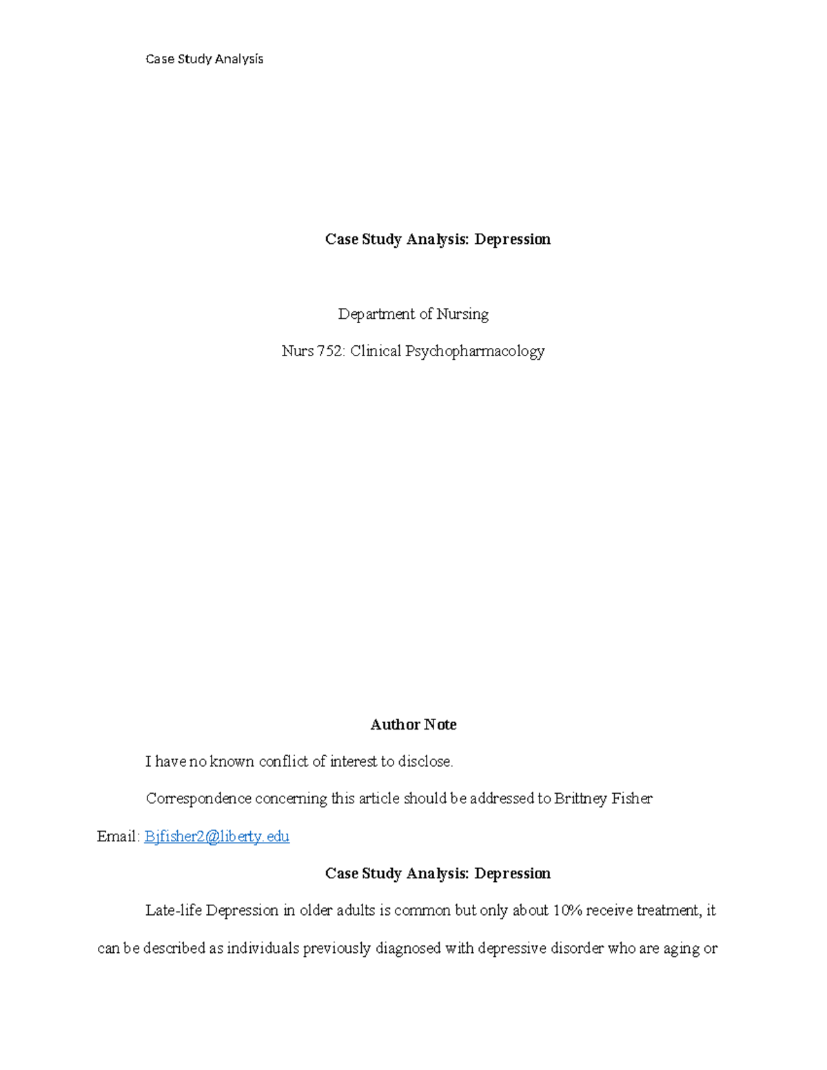 NURS752 Week 2 Critique: Case Study on Depression Analysis - Studocu