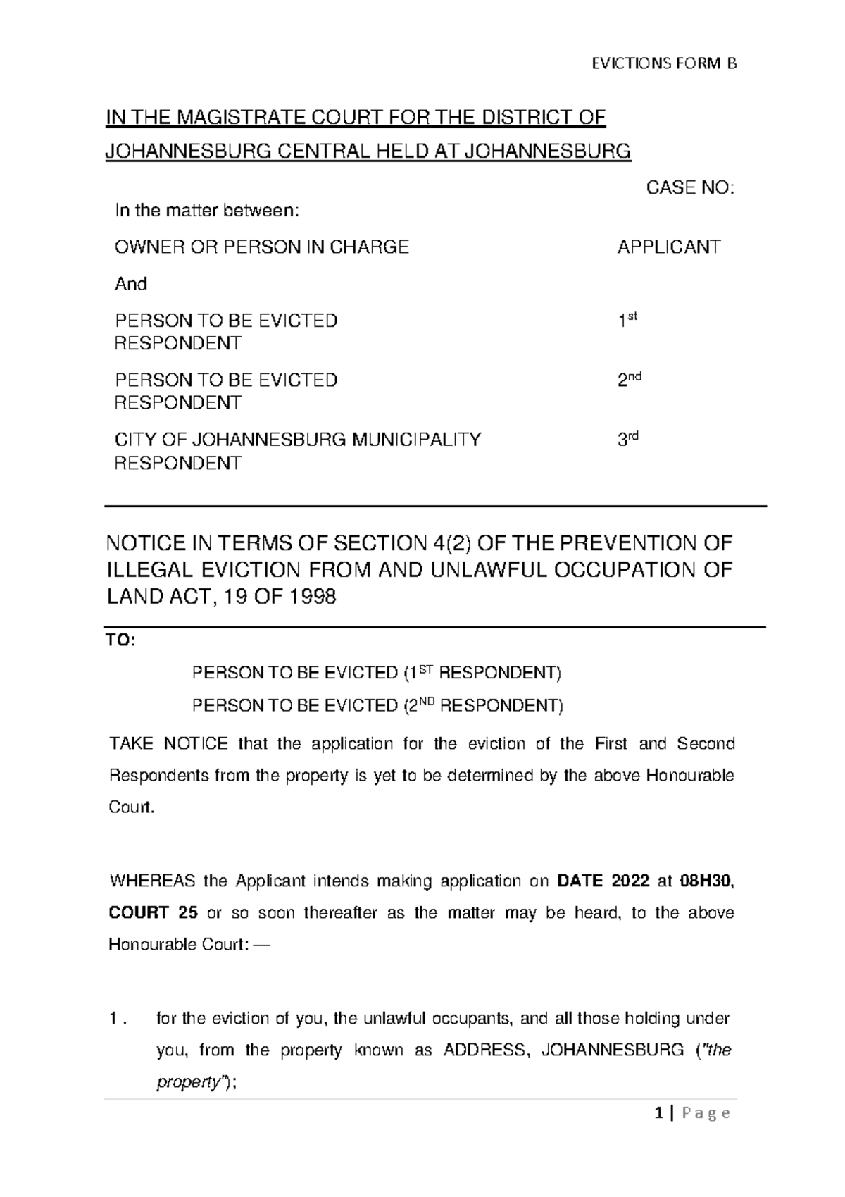 Eviction Notice Form B - Section 4(2) Under Prevention of Illegal ...