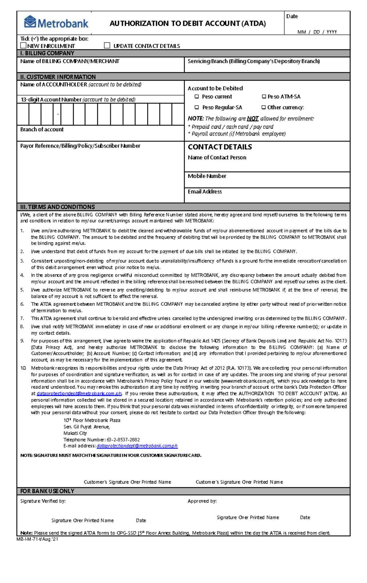 Metrobank ATDA Form Submission and Verification Guidelines - Studocu