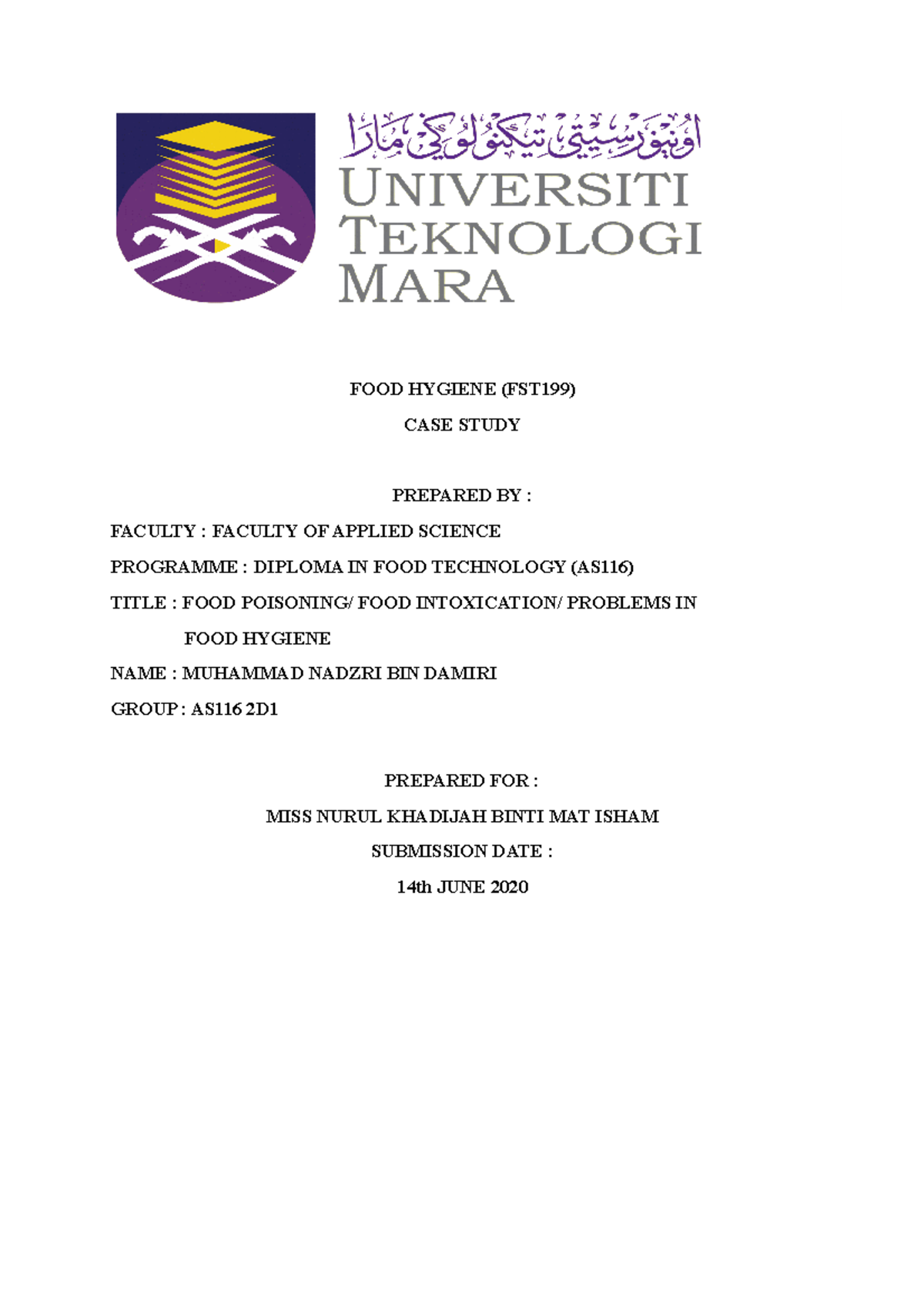 FST199 Food Hygiene Case Study on Food Poisoning and Safety Issues ...