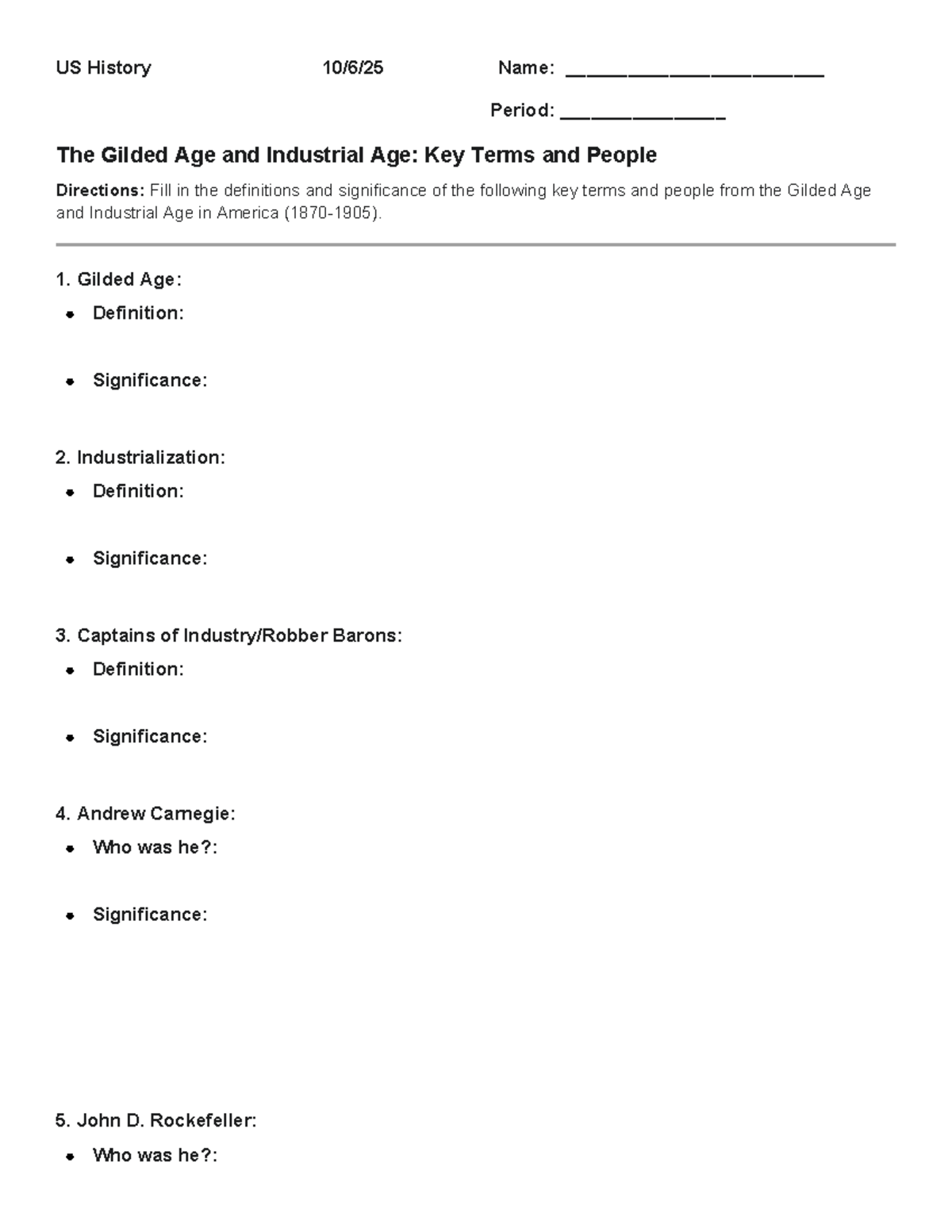US History: Gilded Age & Industrial Age Vocabulary Guide - Studocu
