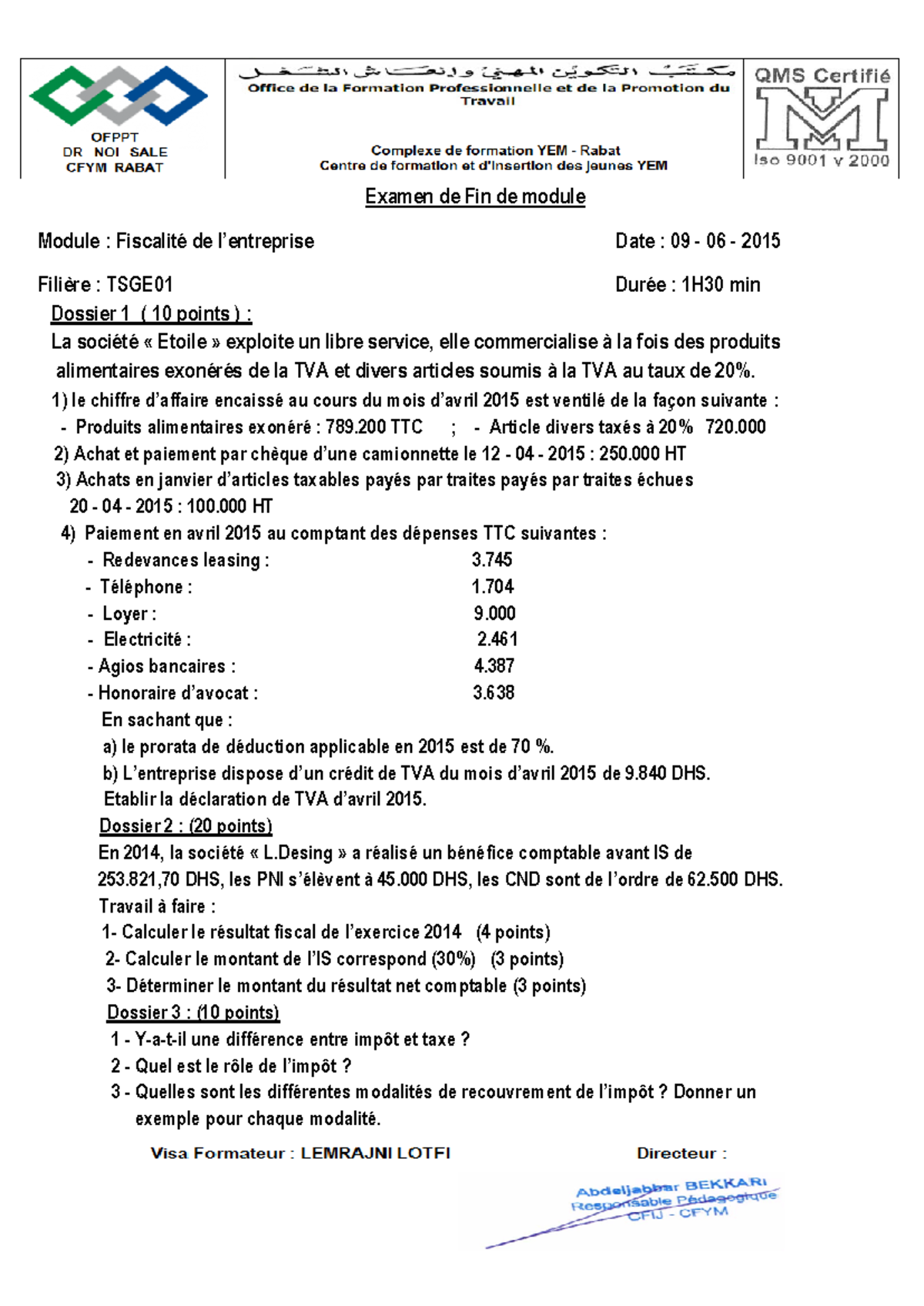 EFM Examen de Fin de Module : Fiscalité de l’Entreprise TSGE01 - Studocu