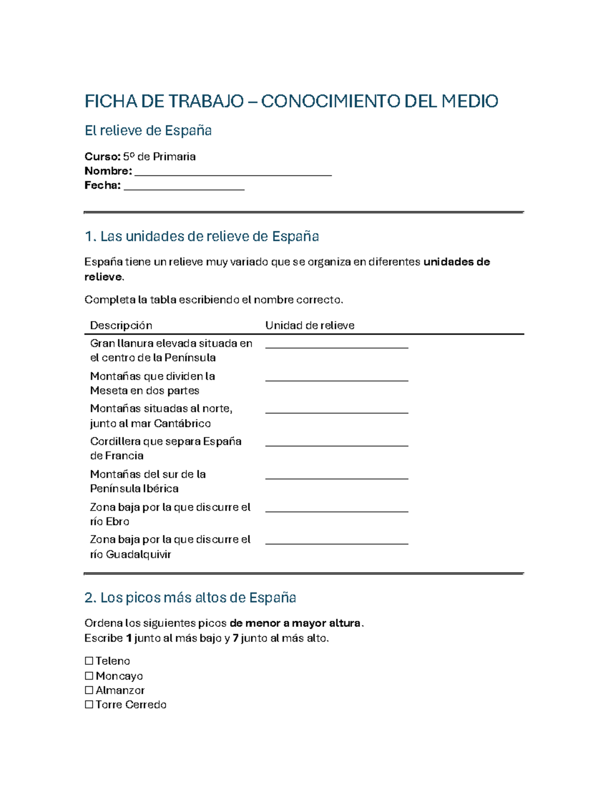 Ficha Imprimible: El Relieve de España (5º Primaria) - Studocu