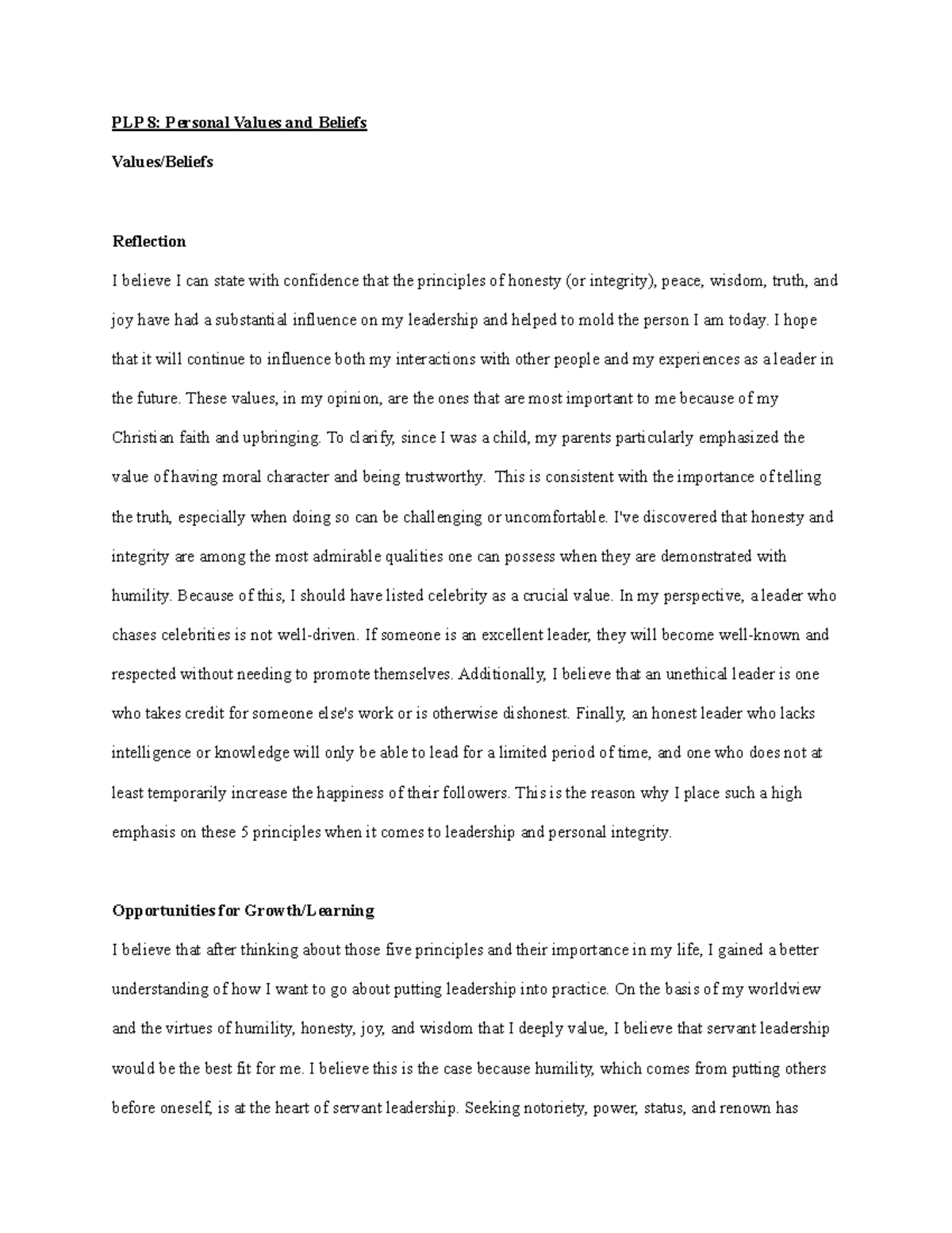 PLP 8 Personal Values and Beliefs - PLP 8: Personal Values and Beliefs ...