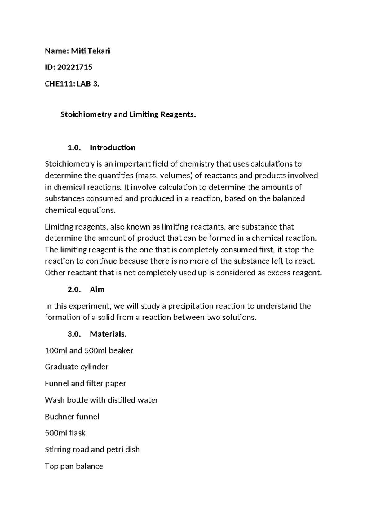 CHE111: LAB 3 - Understanding Stoichiometry & Limiting Reagents - Studocu