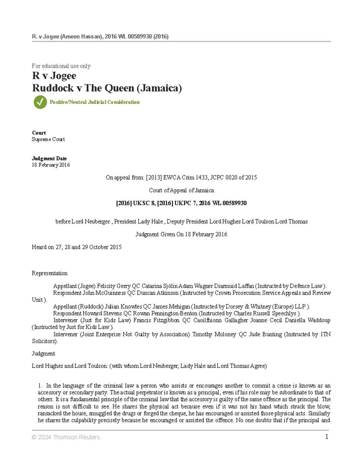 R v Jogee (Ameen Hassan) - For educational use only R v Jogee Ruddock v ...