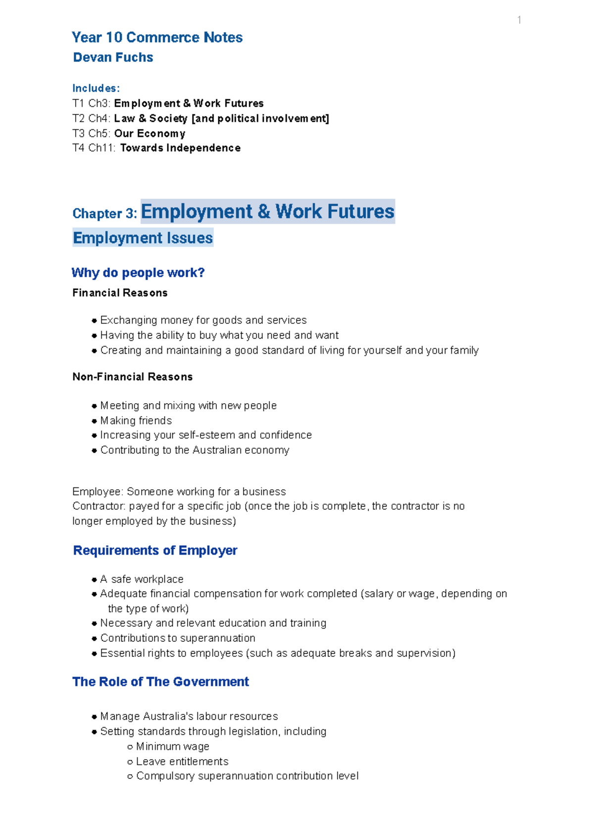 Year 10 Commerce Final Exam Notes: Employment & Economy Insights - Studocu