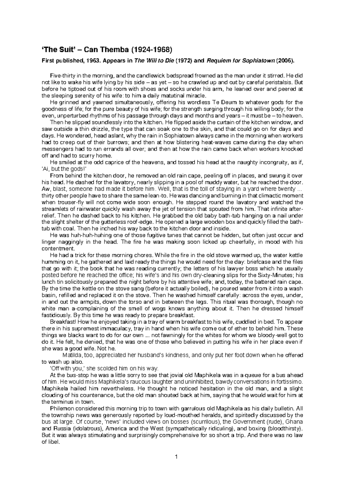 The Suit: Analysis and Themes in Can Themba's Story (ENG202) - Studocu